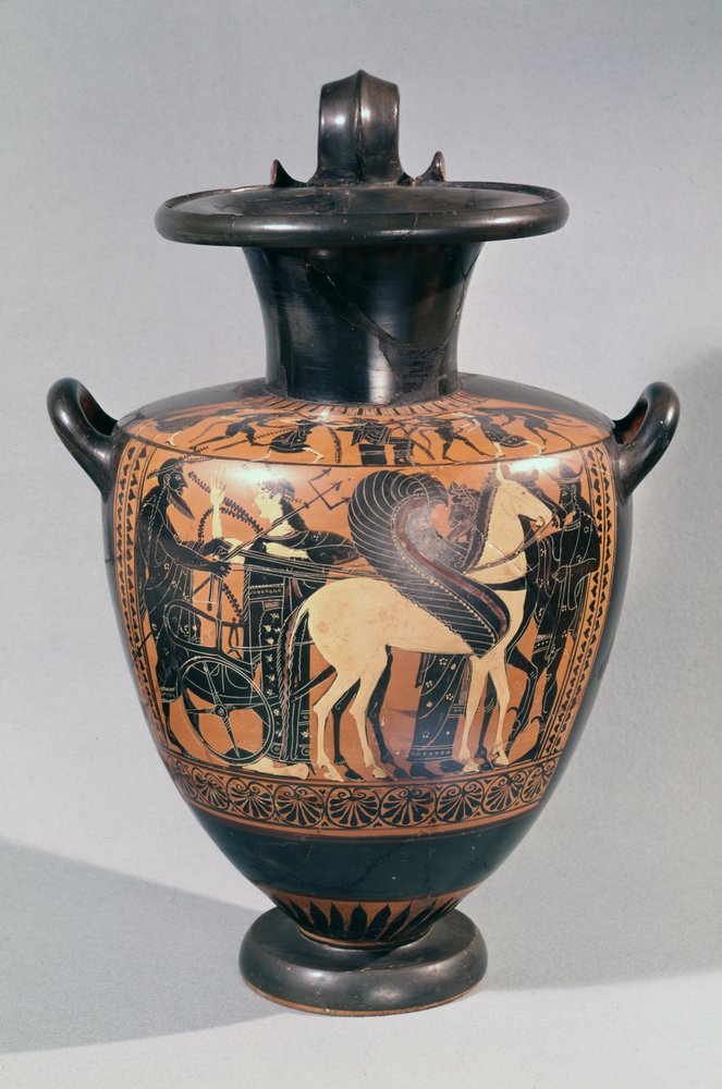 Attic black figure hydria depicting a departure scene